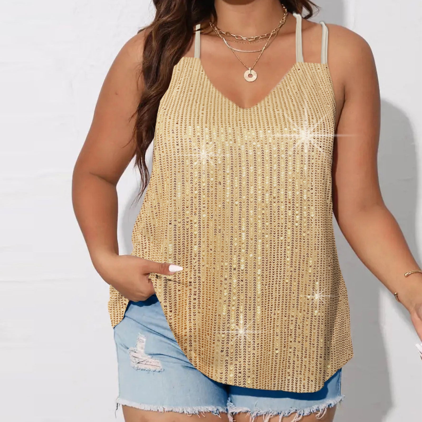 Tank Tops for Women V-Neck Sequin Sleeveless Plus Size Solid Color Tank ...