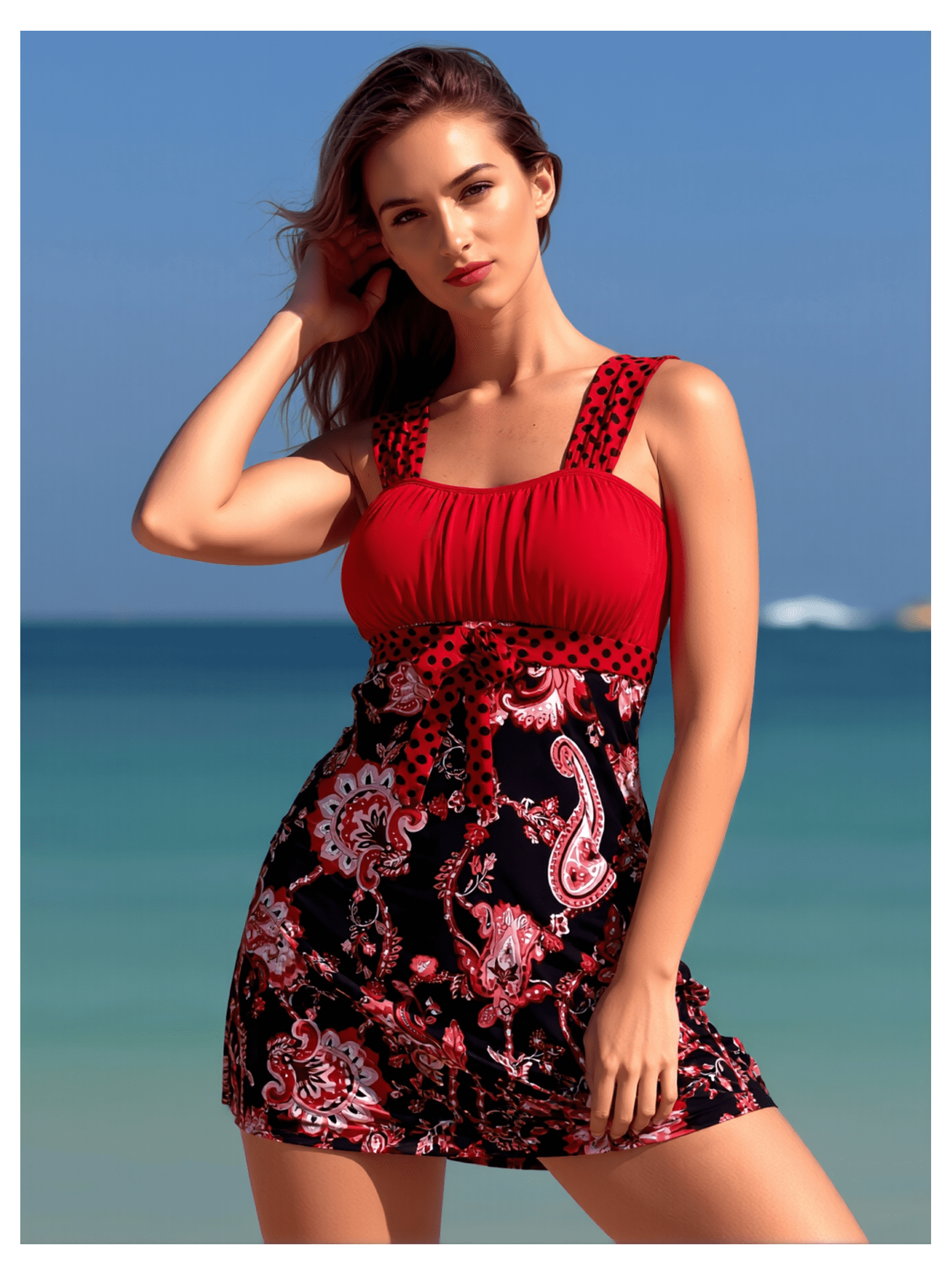 Tankini Swimsuit Red Paisley Print Women's Wide Shoulder Backless ...