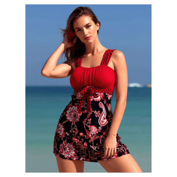 Tankini Swimsuit Red Paisley Print Women's Wide Shoulder Split Backless ...