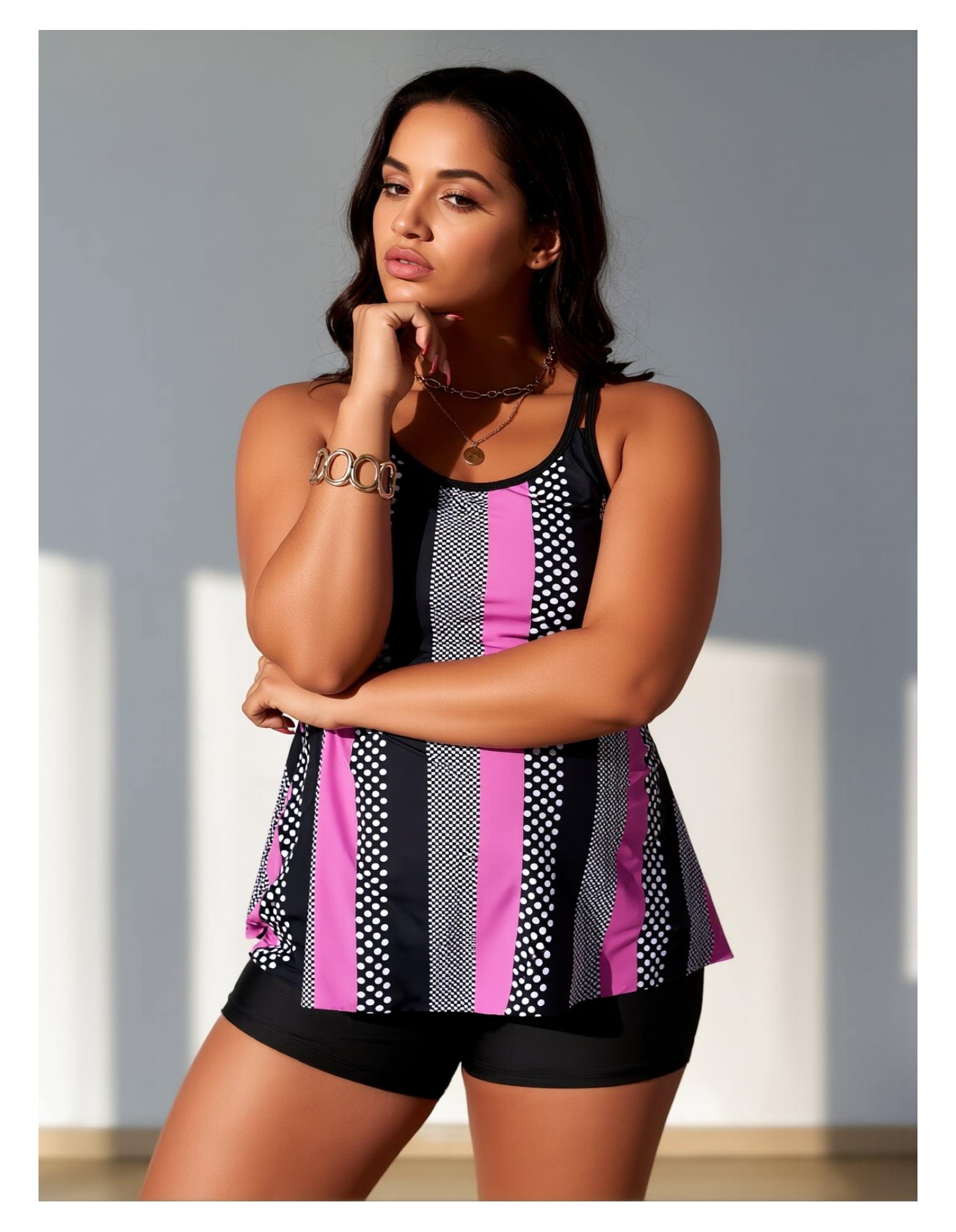 Tankini Swimsuit Women Geometric Stripe Patchwork Openwork Straps Round ...
