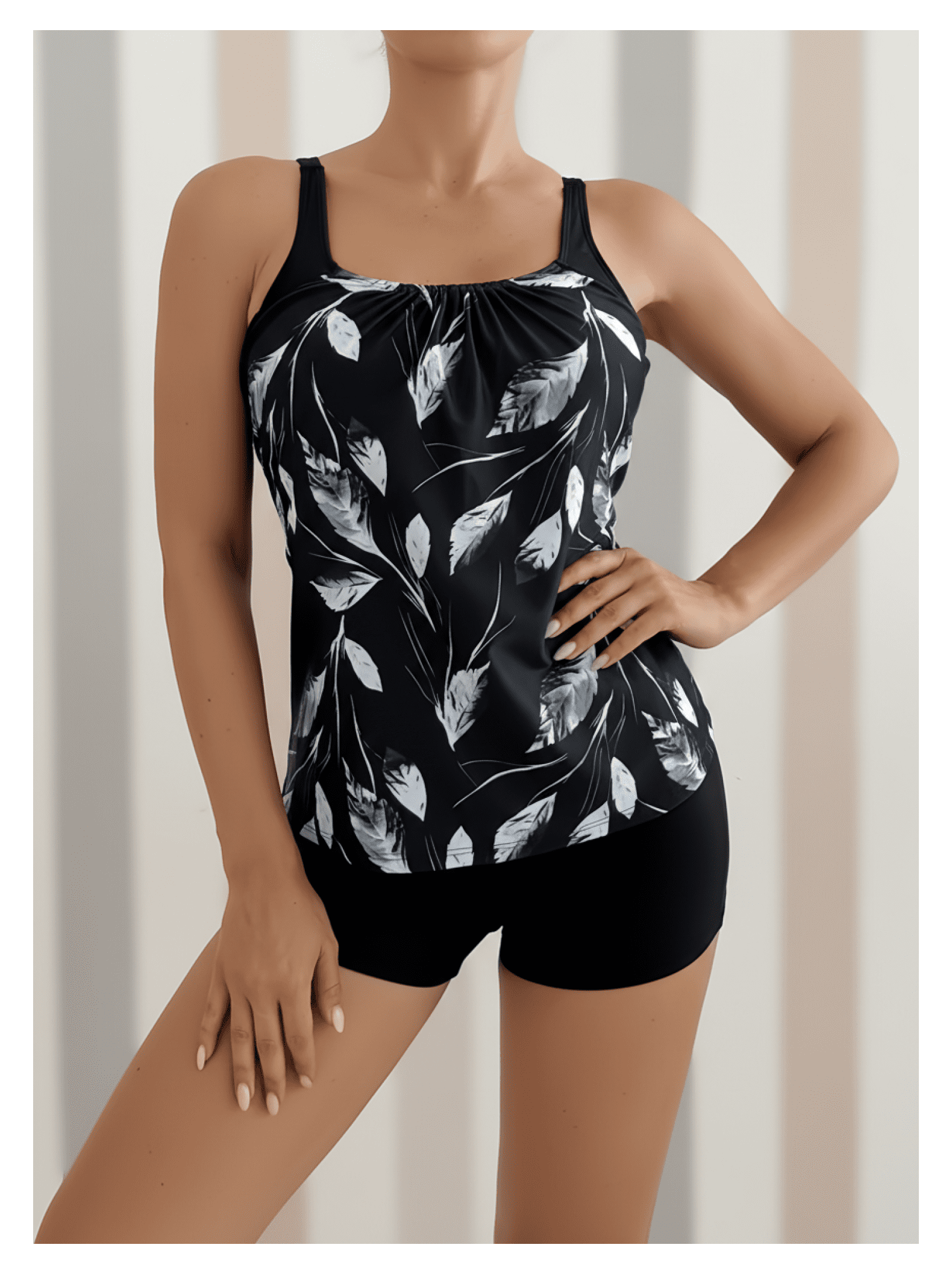 Tankini Swimsuit for Women Feather Print Two Piece Bathing Suit Black ...