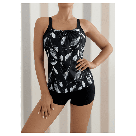 Tankini Swimsuit for Women Feather Print Two Piece Bathing Suit Black ...