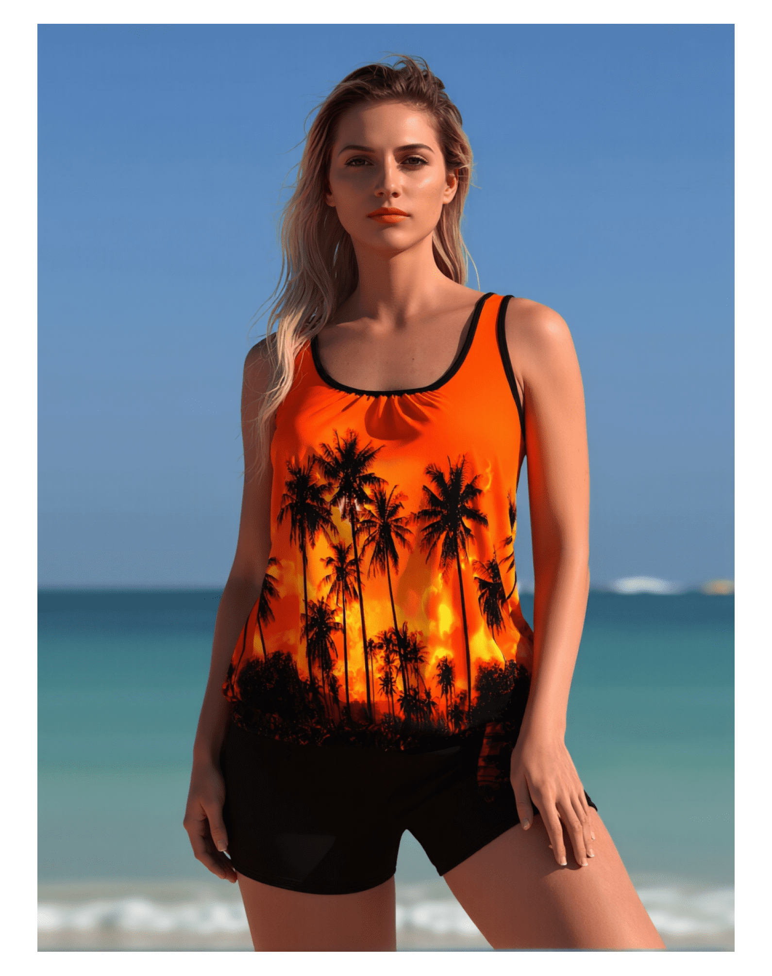 Tankini Swimsuit for Women Palm Tree Print U-Neck Slim Fit Tummy ...