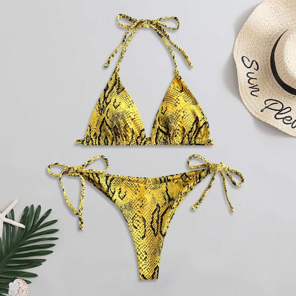 Tankini Swimsuits for Women, Yellow Snake Skin High Cut V Neck Two ...