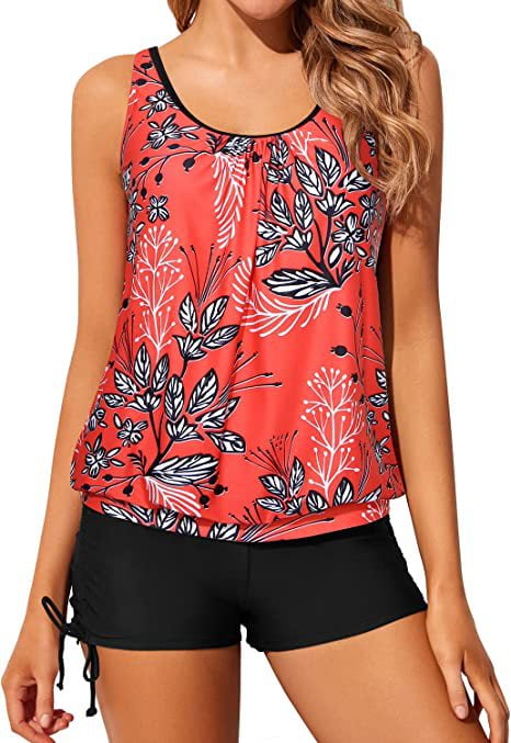 Tankini for Women with Shorts Halter V Neck Floral Two Piece Bathing ...
