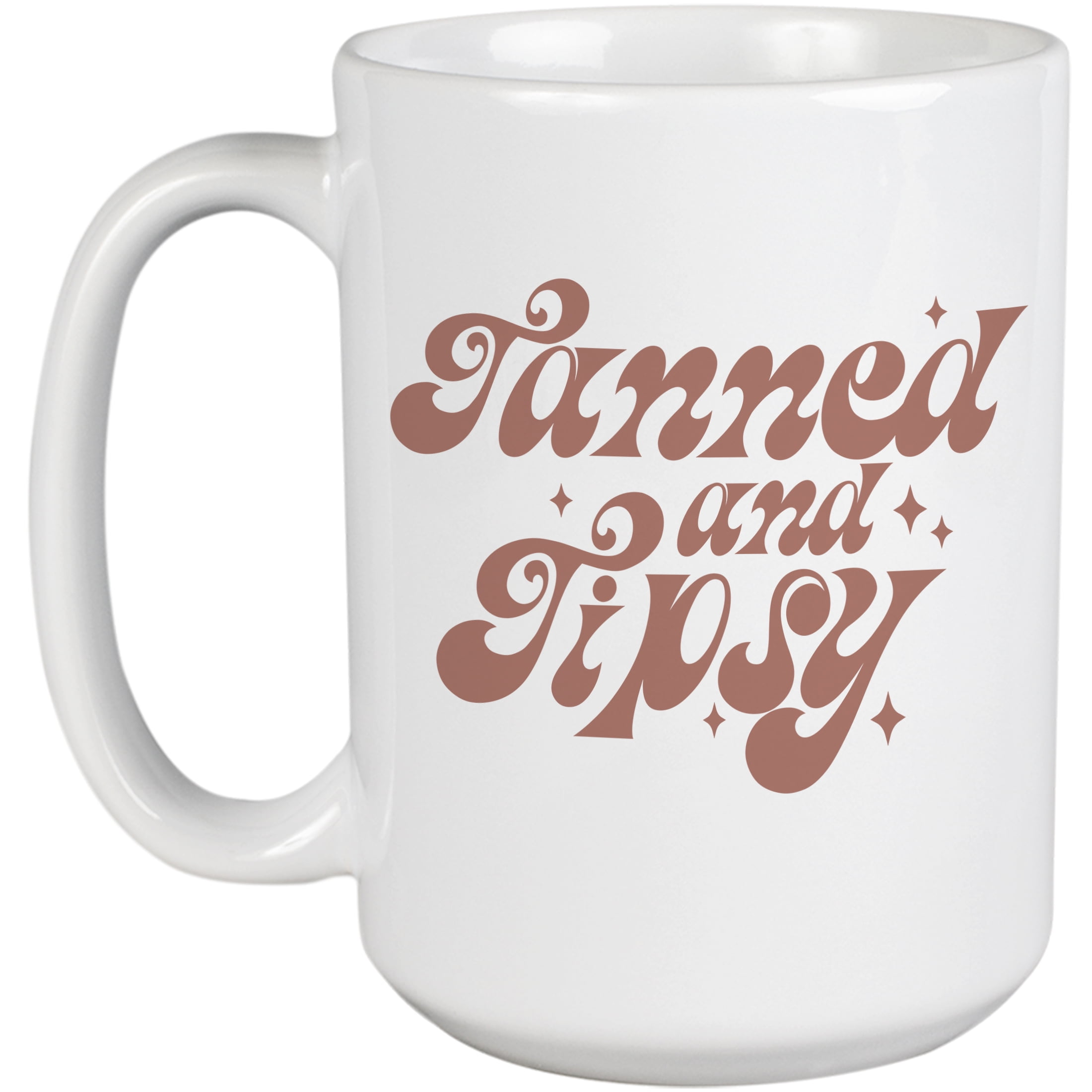 Tanned & Tipsy, Beach Drinking Themed Merch Gift, White 15oz Ceramic ...