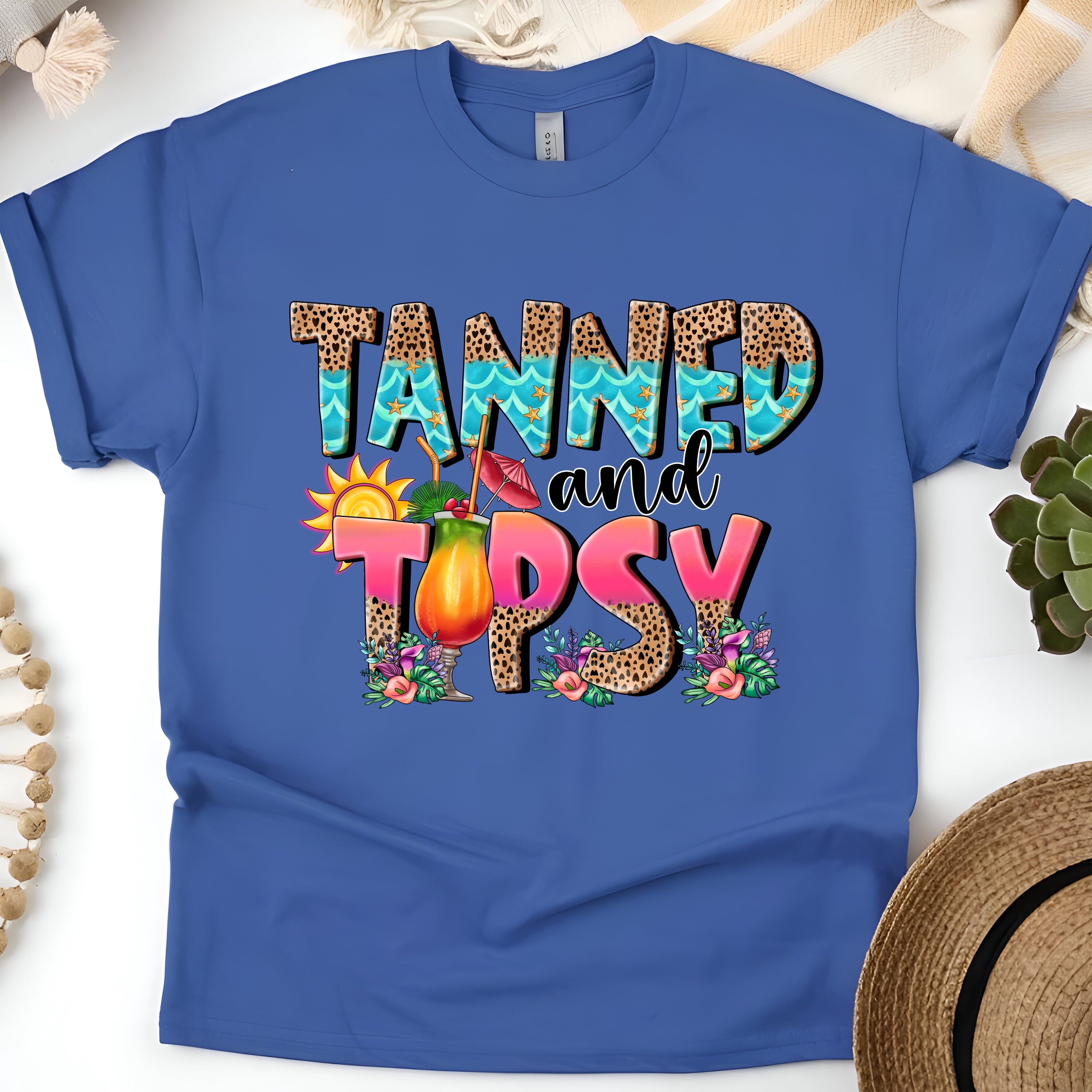 Tanned and Tipsy Leopard Print Shirt – Funny Tropical Summer Tee, Royal ...