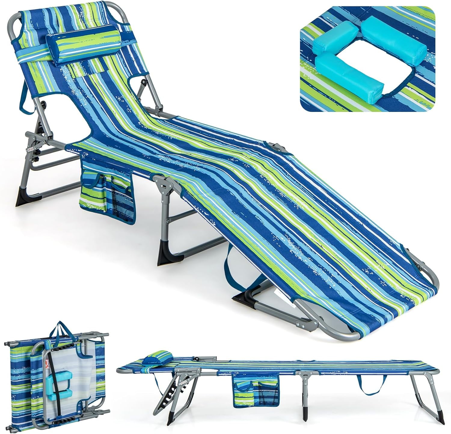 Tanning Chair with Face Arm Hole, Washable Pillow, Side Pocket, Carry ...