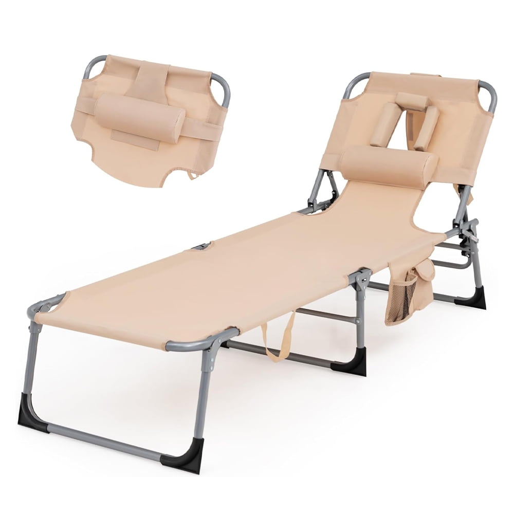 Tanning Chair, Folding Beach Lounge Chair with Face, Arm Hole and Side ...