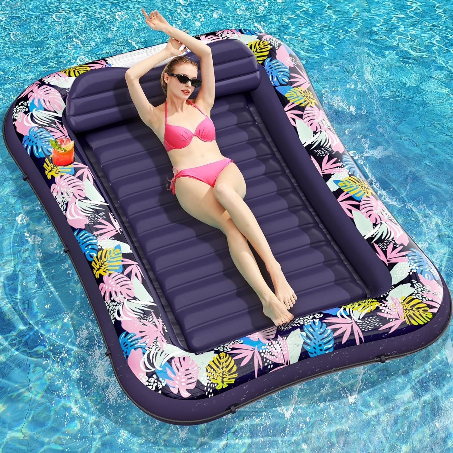 Tanning Pool Lounger, Giant Pool Floats Adult with Headrest Drink Holder, Bed Blow up, Sun Tan ...