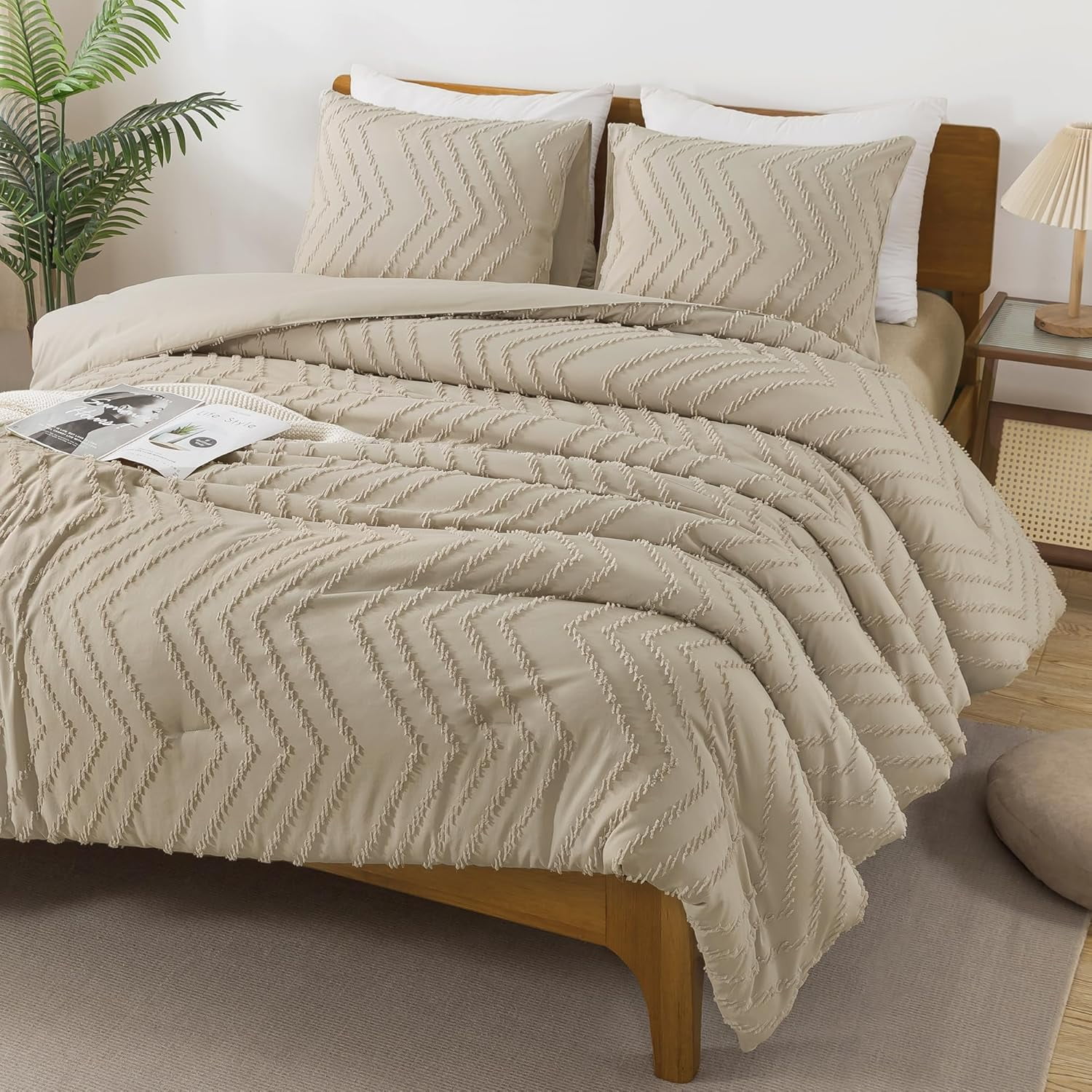 Tannish Grey Comforter Set Queen Size, Boho Soft Warm Tufted Bedding ...