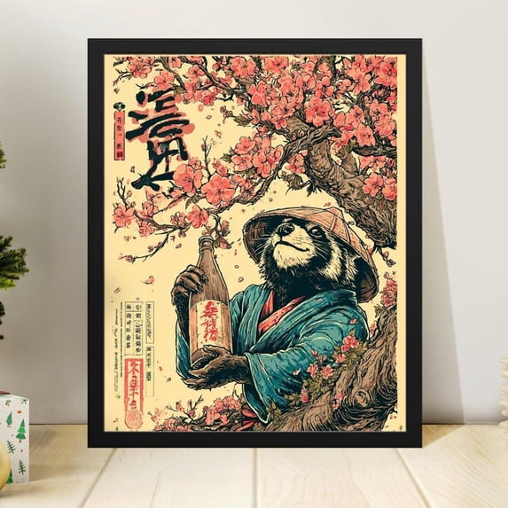 Tanuki Art Print Japanese Raccoon Dog With Cherry Blossoms - Walmart.com