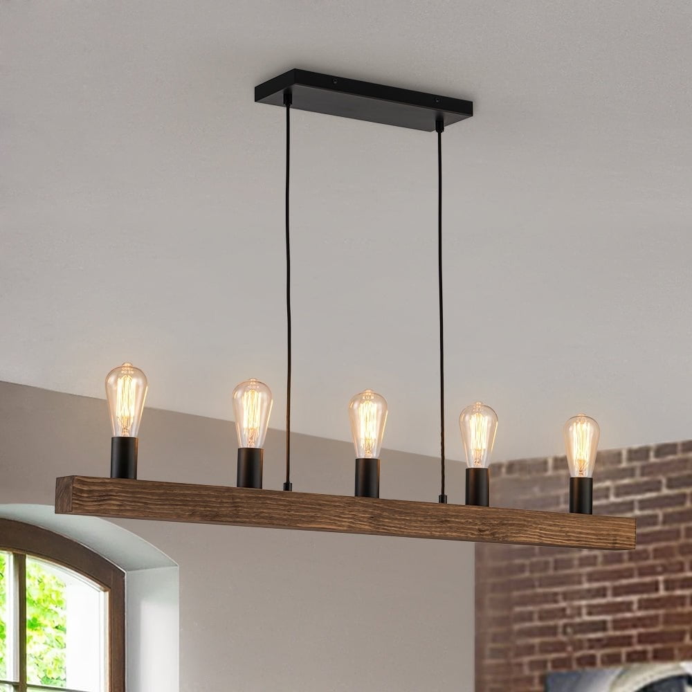 TanyaDecor Rustic 5-Light Wood Beam Linear Chandelier - Matte Black ...