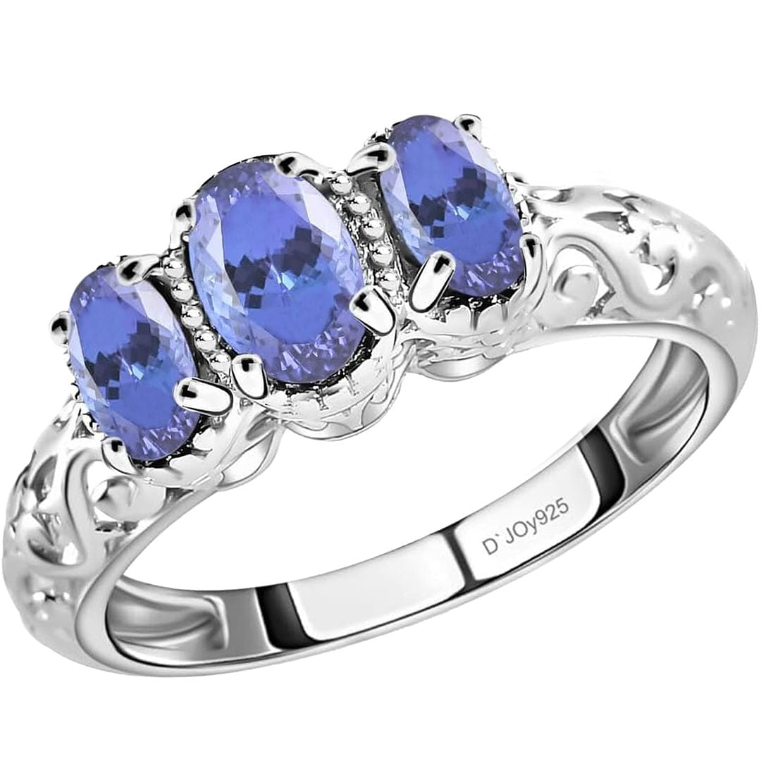 Tanzanite Ring in 925 Sterling Silver - Genuine Natural Oval Tanzanite Gemstones - Three Stone ...