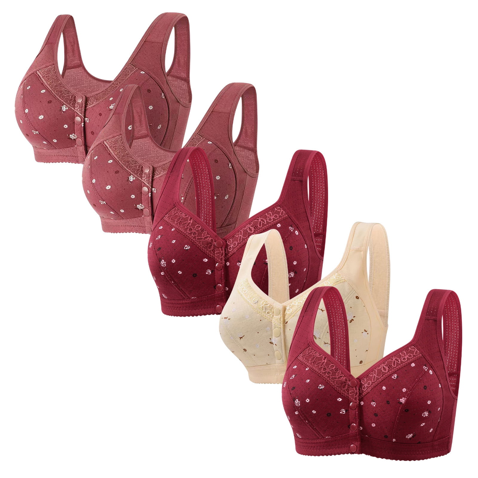 Tao Tao 5pcs Daisy Bras For Older Women Front Closure No Underwire