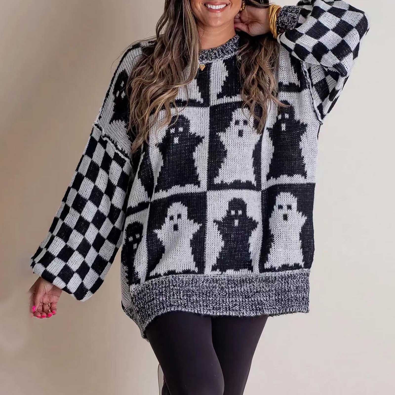 Tao Halloween Checkered Sweater,2024 Halloween Ghost Checkered Sweater ...