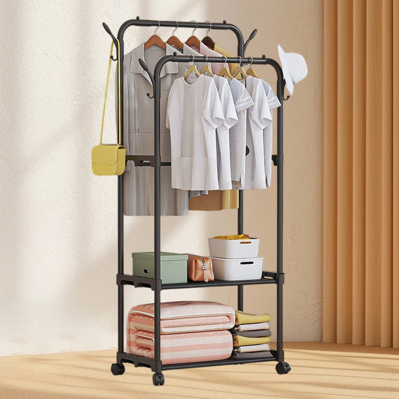 Tao Tao Double Rods Clothing Garment Rack with Wheels 2-Tier Storage ...