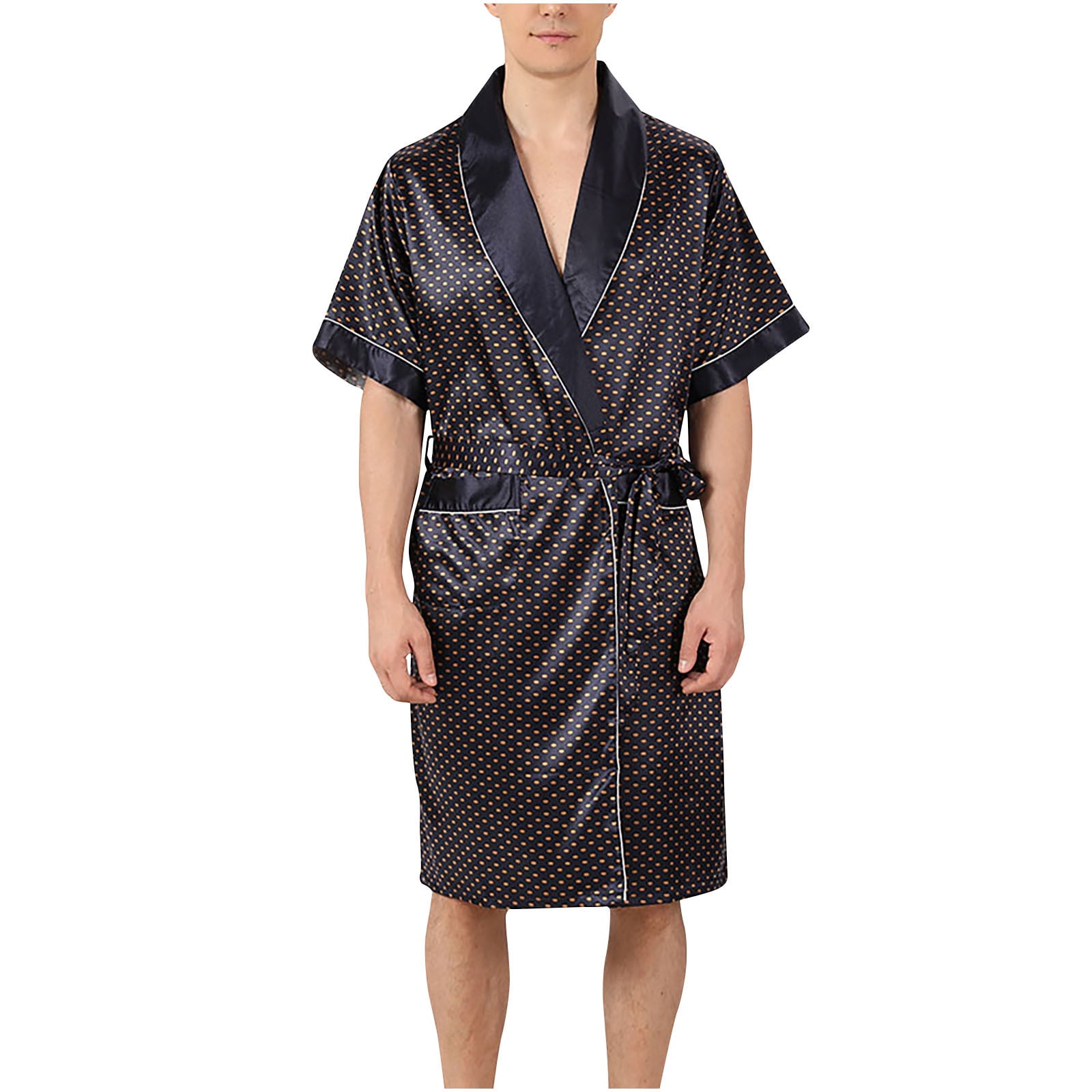 Tao Tao Mens Silk Robe Summer Polka Dots Short Sleeve Belted Kimono ...