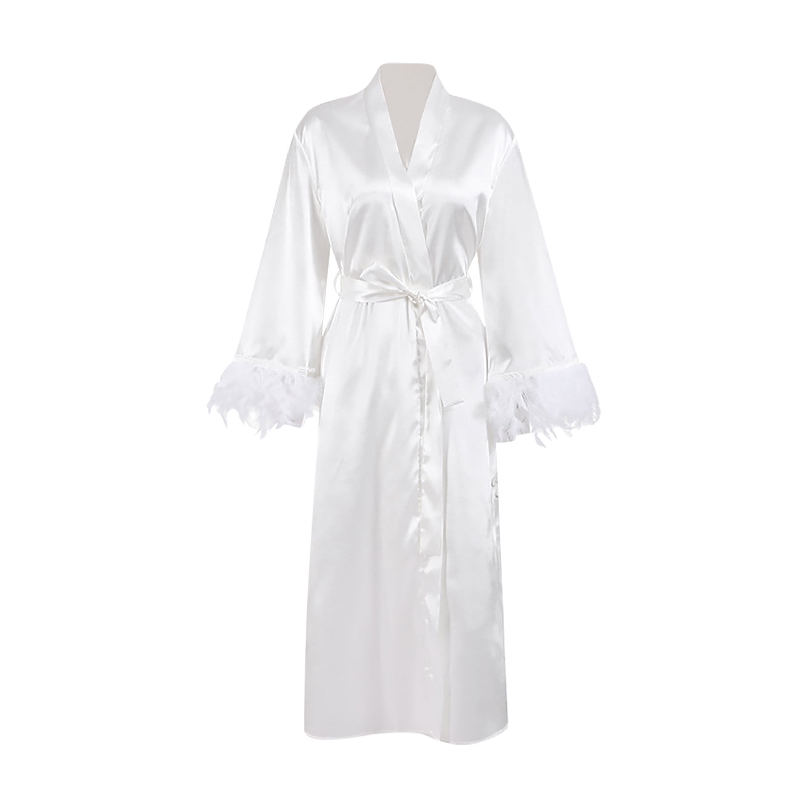 Tao Tao Satin Kimono Robe Long Silky Bath Robe with Ostrich Feather ...