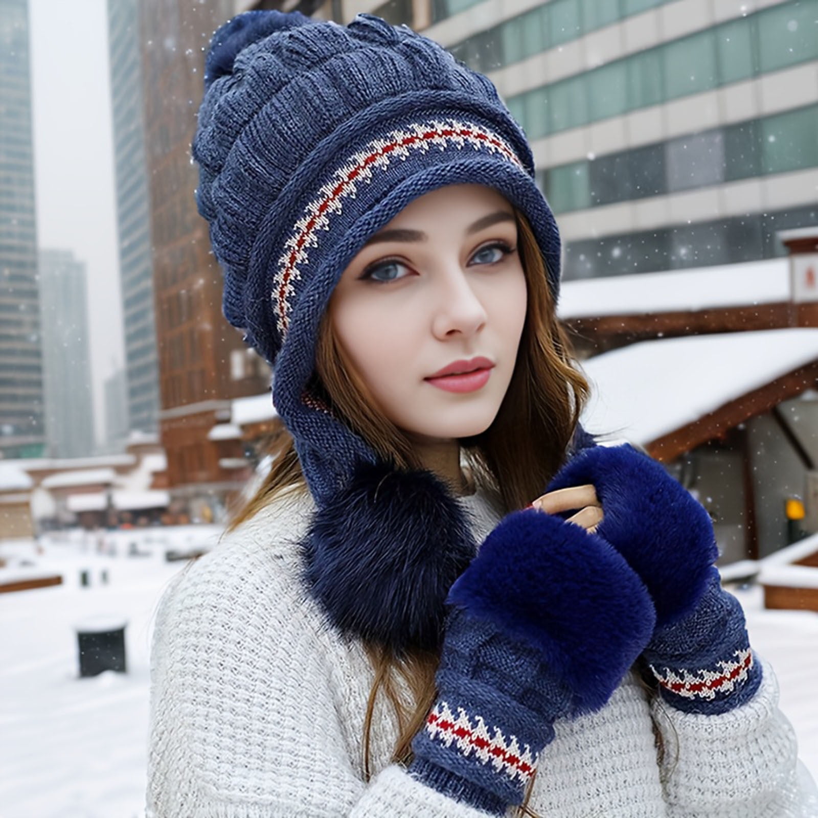 Tao Tao Women Cute Knitted Beanie Hat Gloves Sets Faux Fur Gloves Ear ...