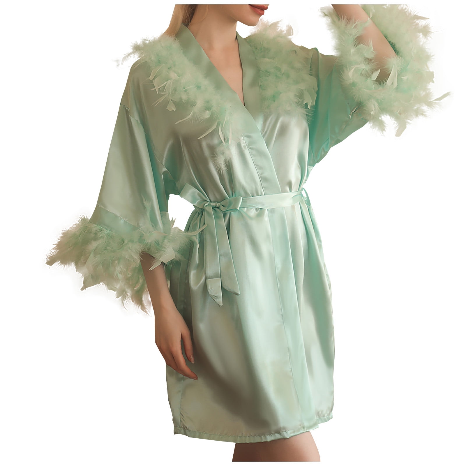 Tao Tao Women Feather Fur Robe Silk Satin Bridal Dressing Gown ...