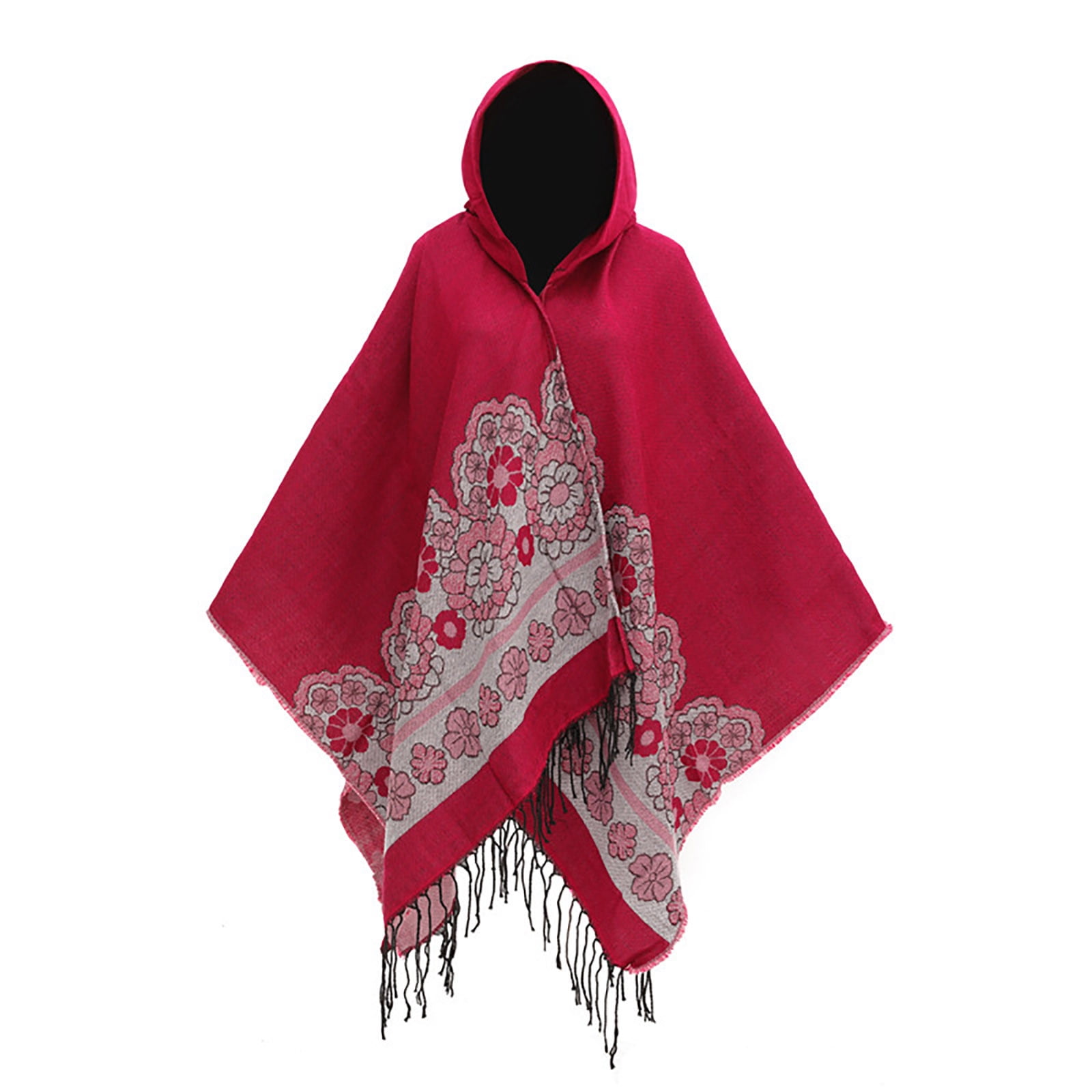 Tao Tao Women Trendy Floral Woven Split Cape with Fringe Hooded Open ...