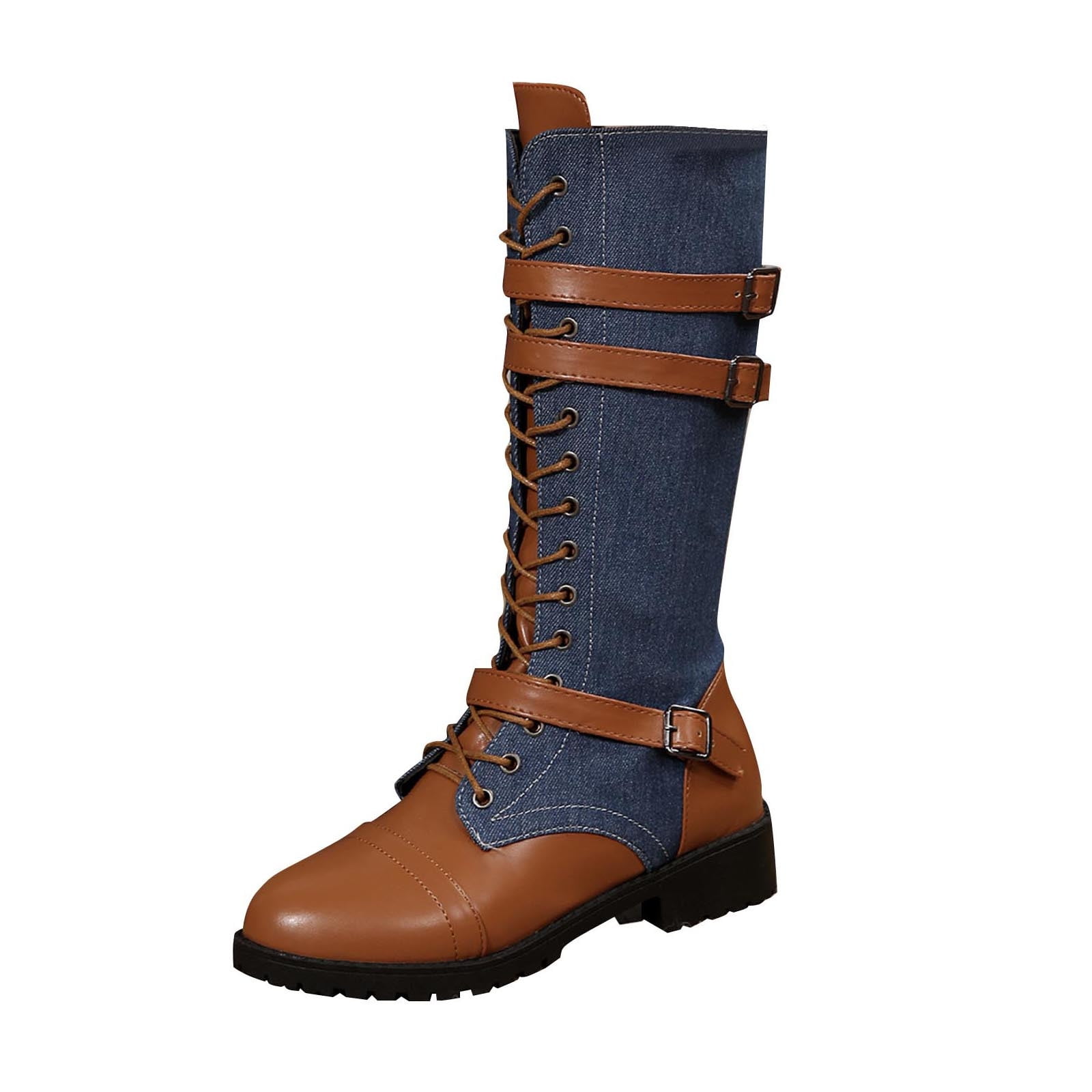 Tao Tao Womens Denim Knee High Lace Up Combat Boots Buckles Skinny Calf ...