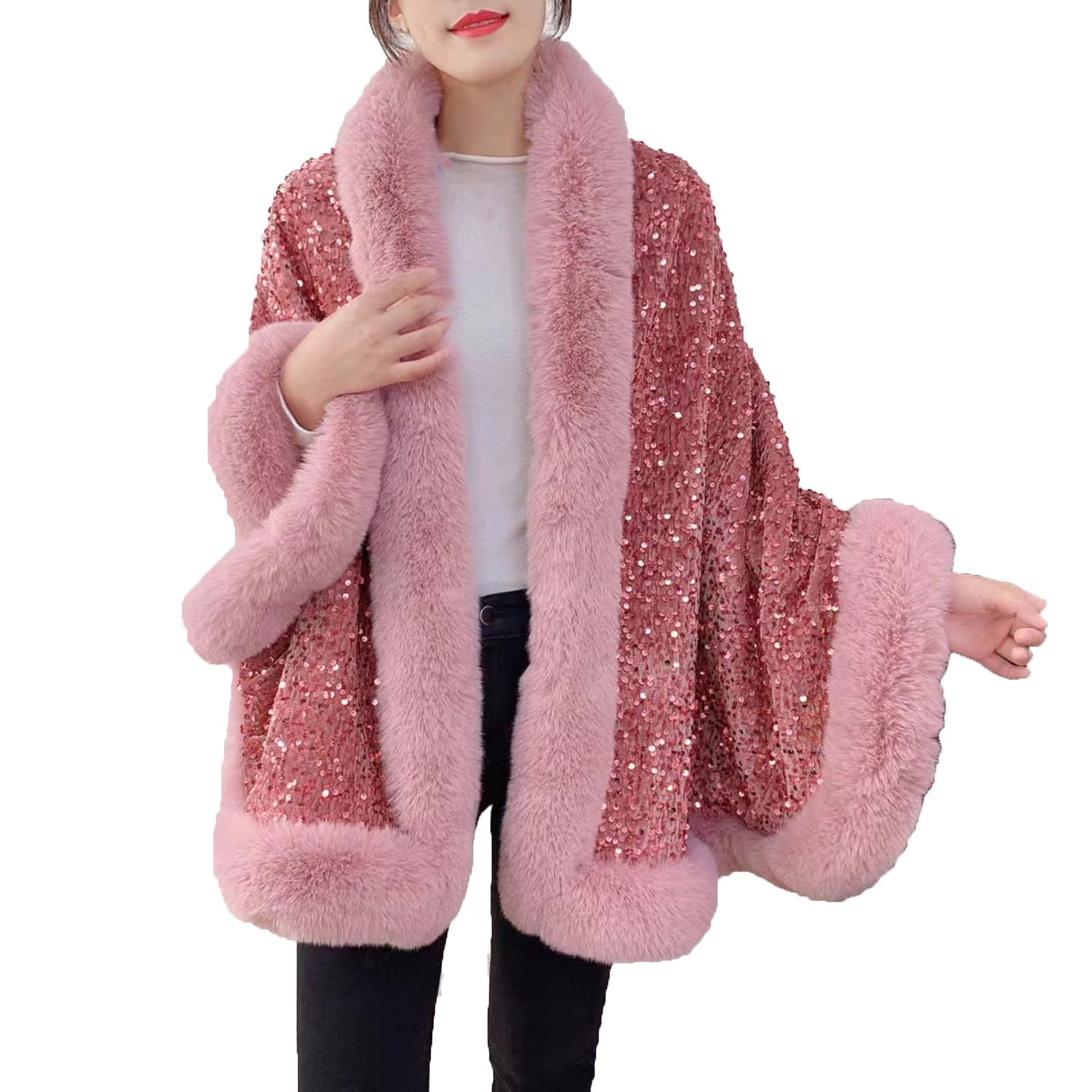 Tao Tao Womens Fuzzy Fleece Shawl Capes Sparkly Sequin Faux Fur Trim ...