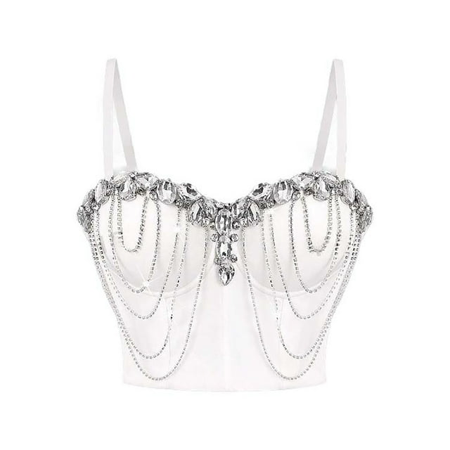 Tao Tao Womens Rhinestone Corset Cropped Tops White Chain Design ...