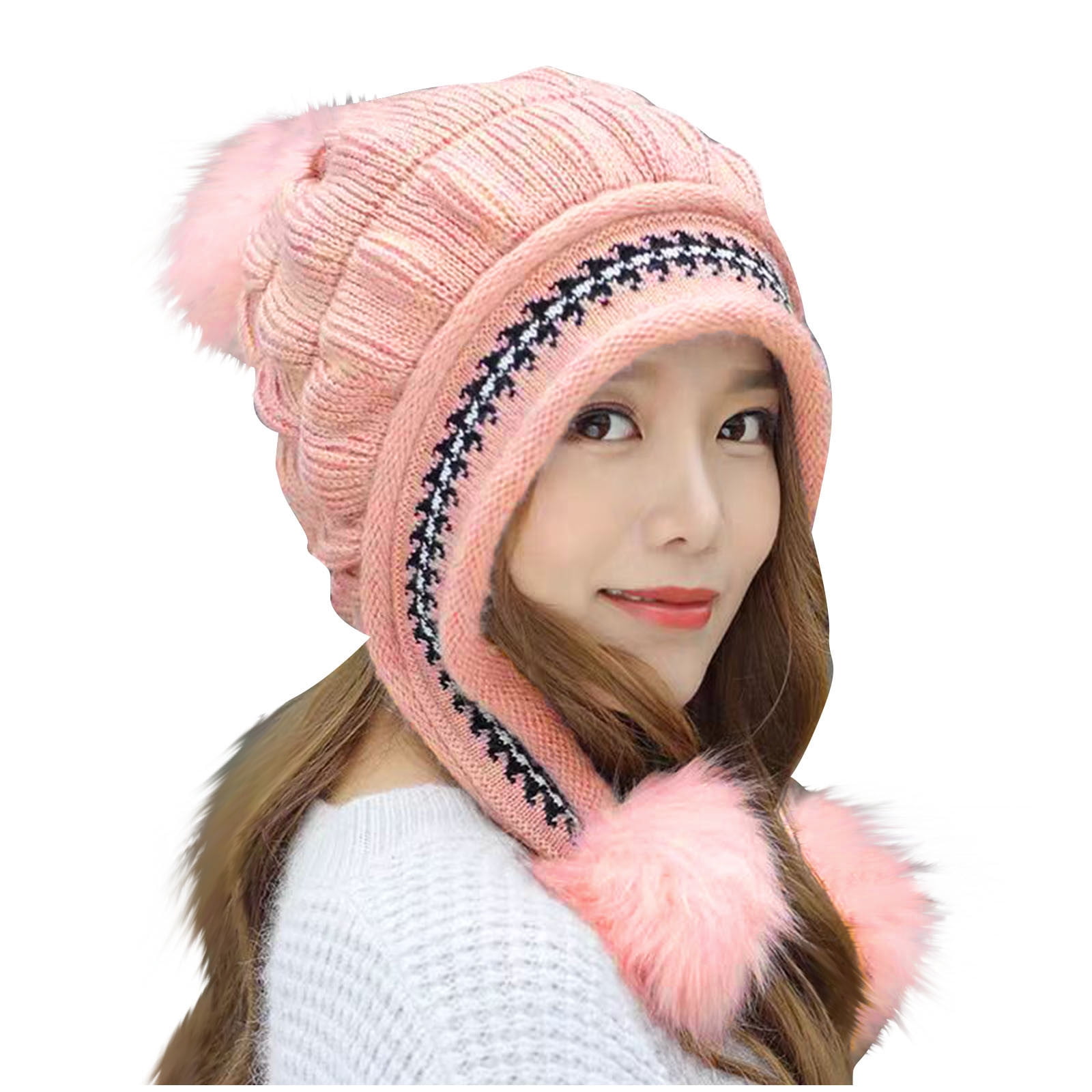Tao Women's Girls Cute Winter Cozy Earflap Knitted Pom Pom Ski Cap Hat ...