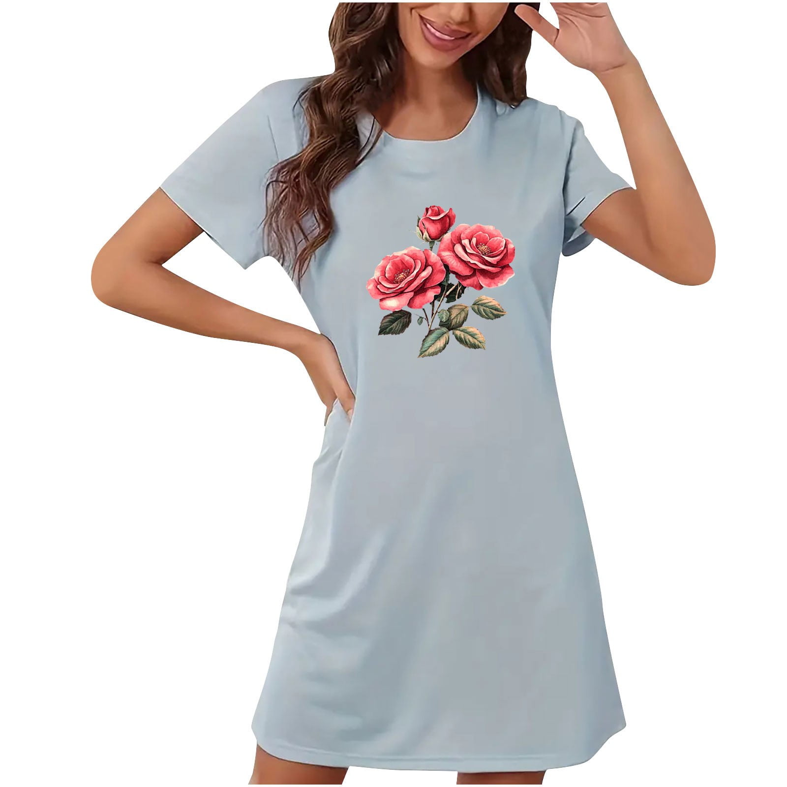 Tao Tao Womens Nightgowns Cute Flower Print Night Tshirts Crew Neck ...