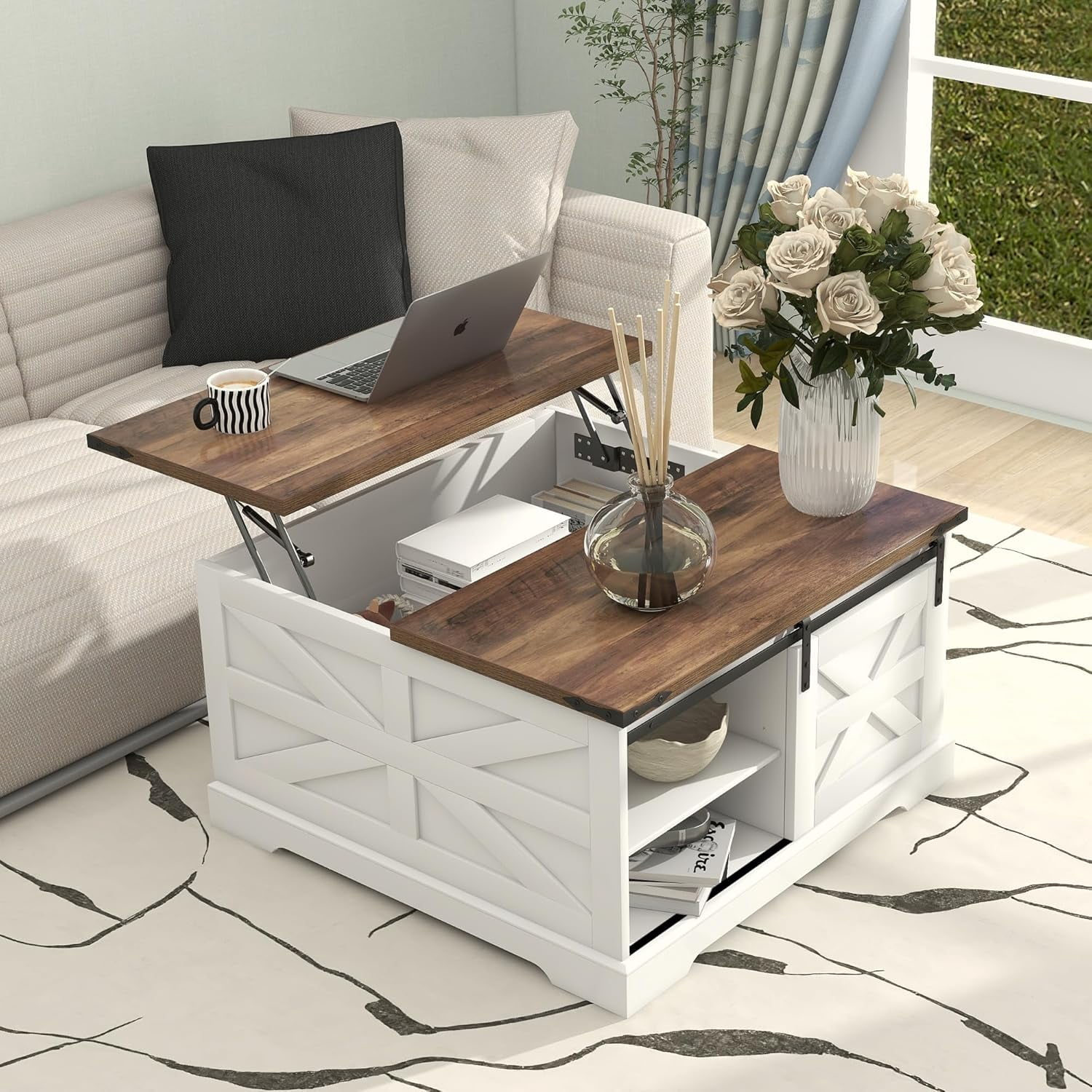 TaoHFE Lift Top Coffee Table with Storage,Rustic White Farmhouse Coffee ...