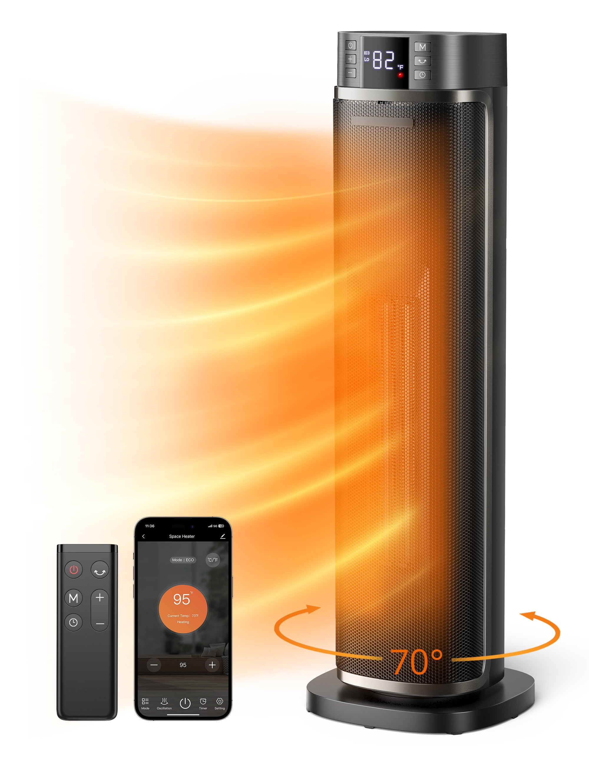 Ceramic Tower Space Heater with Eco Mode, Remote Control, 65 ...
