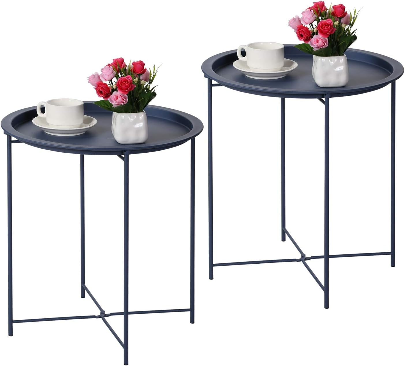 Taomika Blue Side Table / End Table with Round Removable Tray, Set of 2 ...