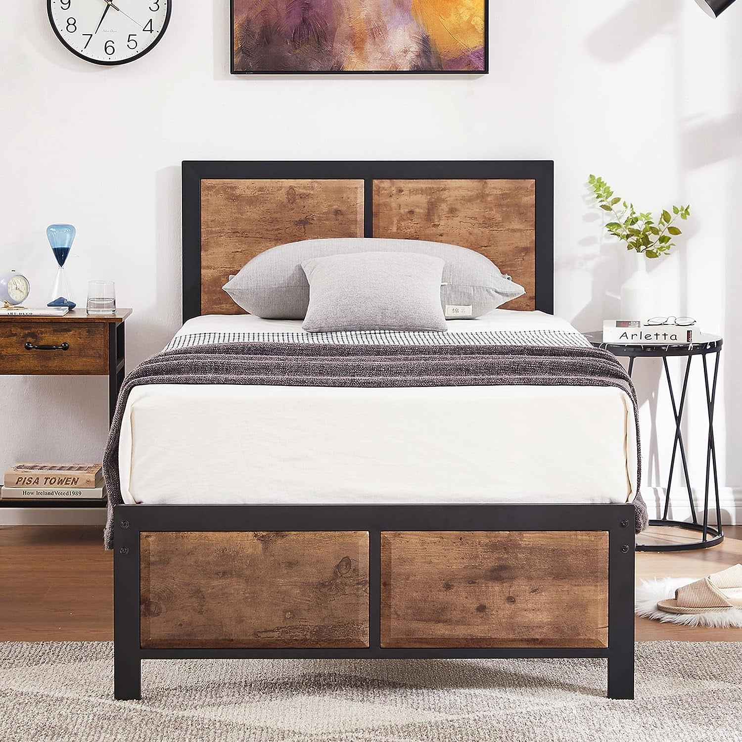 Taomika Platform Twin Size Bed Frame With Wood Headboard, Brown Bed ...