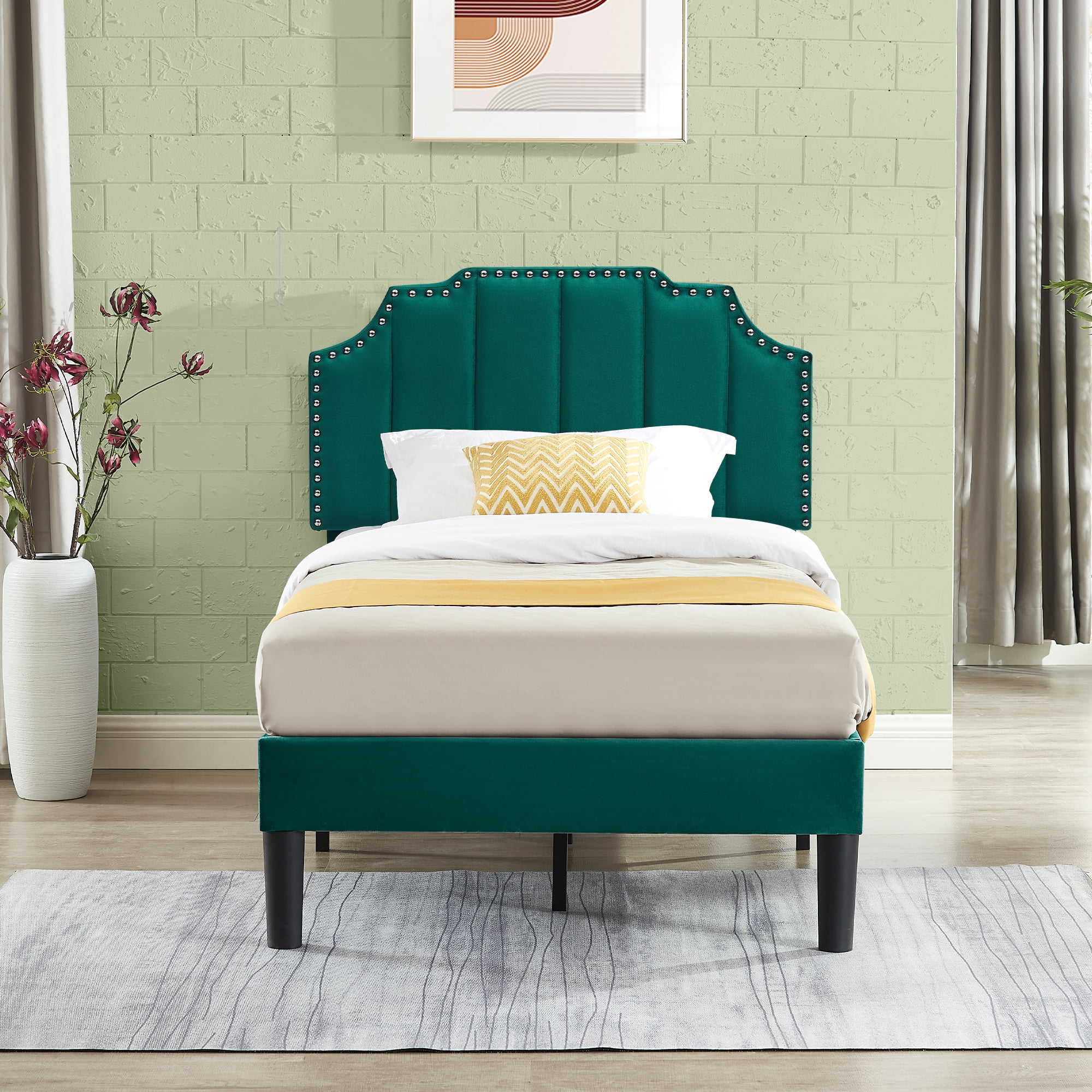 Taomika, Twin Size Upholstered Platform Bed Frame with Nailhead Trim ...