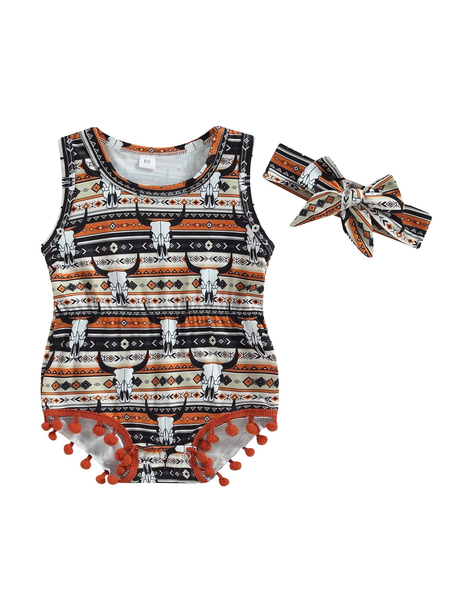 Taoocy Baby Girl Western Clothes Cow Print Romper Tassel Bodysuit Jumpsuit Sleeveless with ...