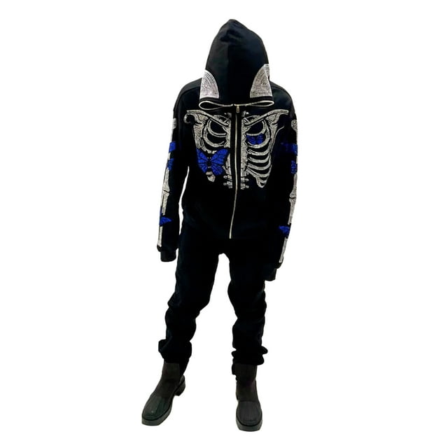 Taoocy Skeleton Full Zip Up Hoodies Women Men Rhinestone Skull Graphic Print Sweatshirt ...