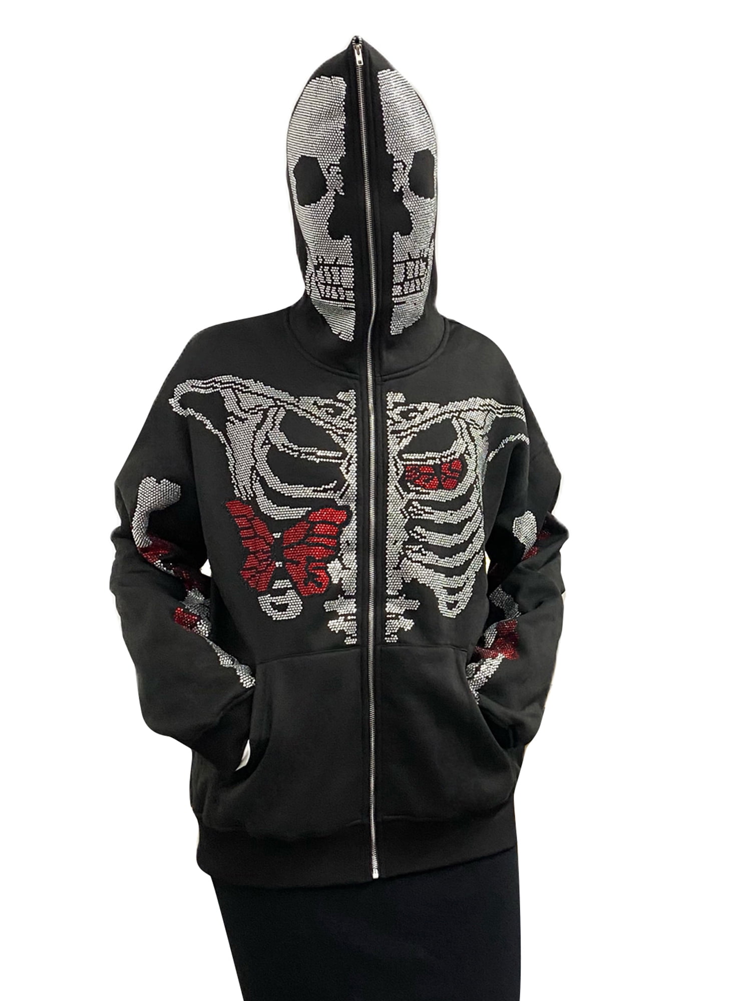 Taoocy Skeleton Full Zip Up Hoodies Women Men Rhinestone Skull Graphic Print Sweatshirt ...