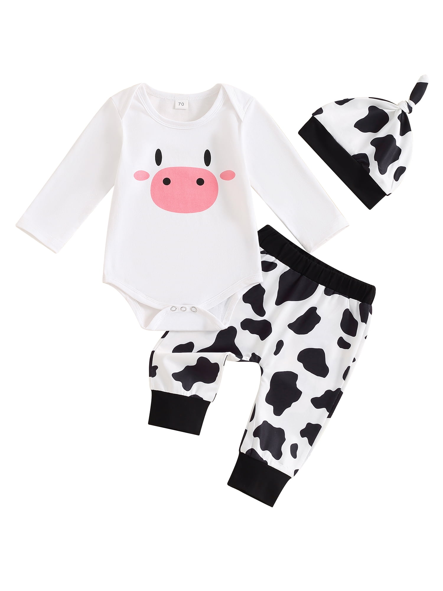 Taoocy Toddler Baby Boy Girl Outfits Long Sleeve Cow Print Romper + Pants + Hat Set Infant ...
