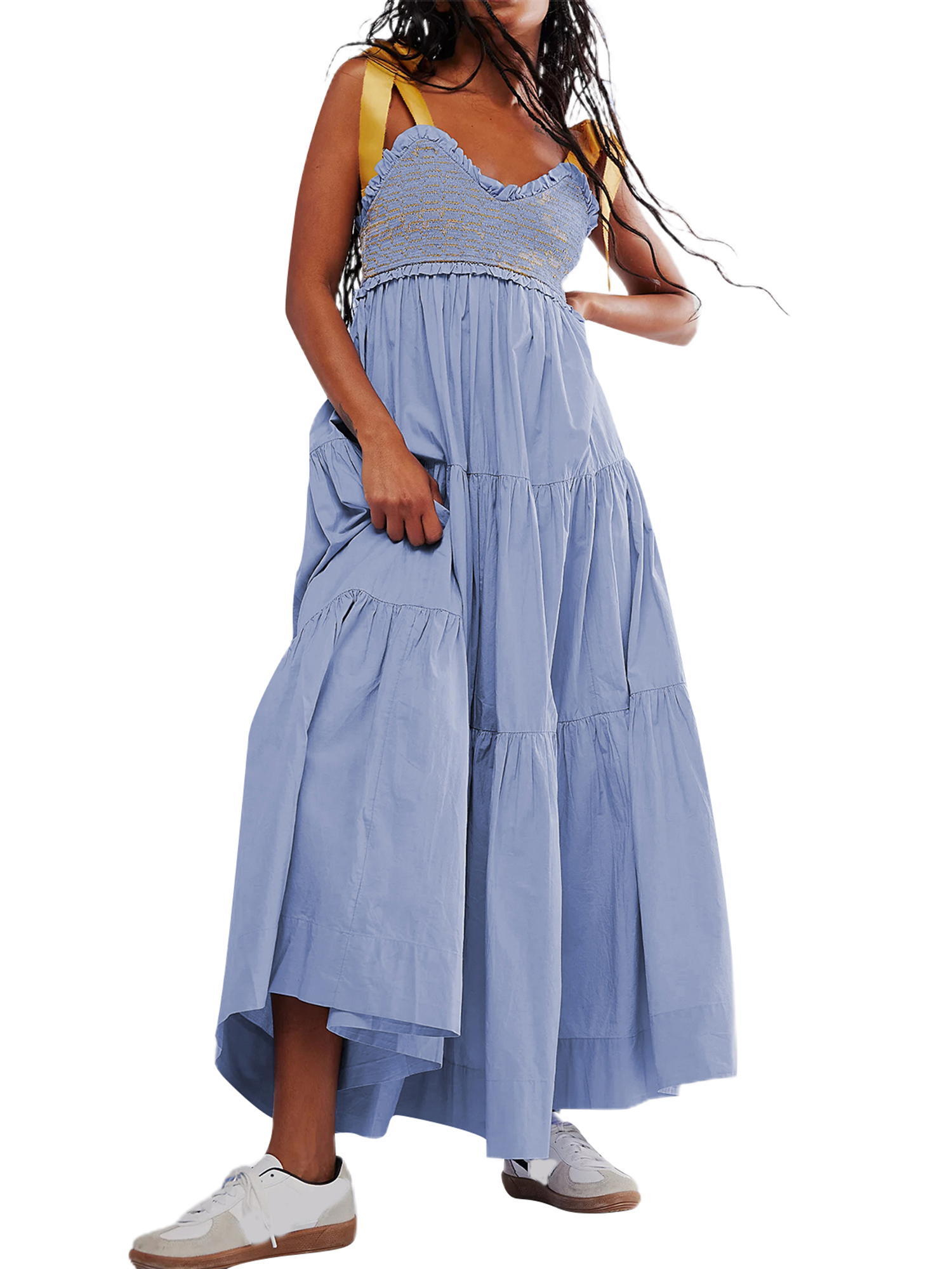 Taoocy Women Boho Tie Shoulder Dress Y2k Floral Smocked Long Flowy ...