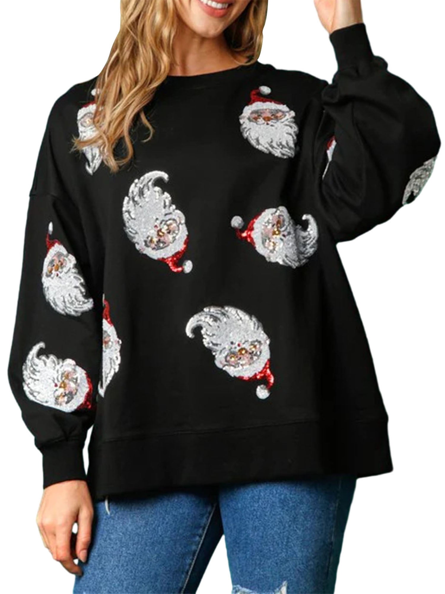 Taoocy Women Sequin Christmas Sweater Oversized Long Sleeve Sweatshirt ...