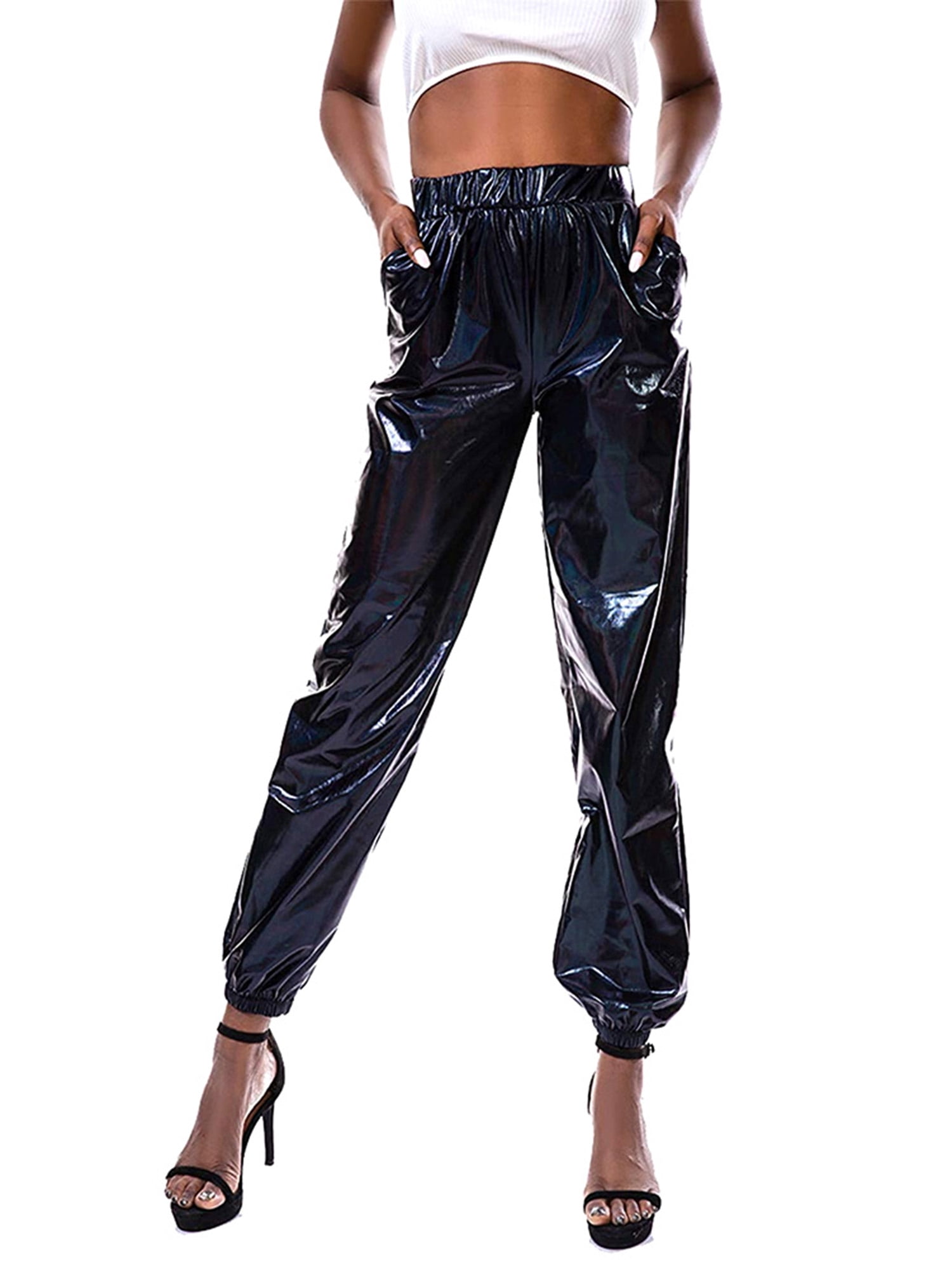 Taoocy Women Shiny Metallic Jogger Pants High Waist Glittening ...