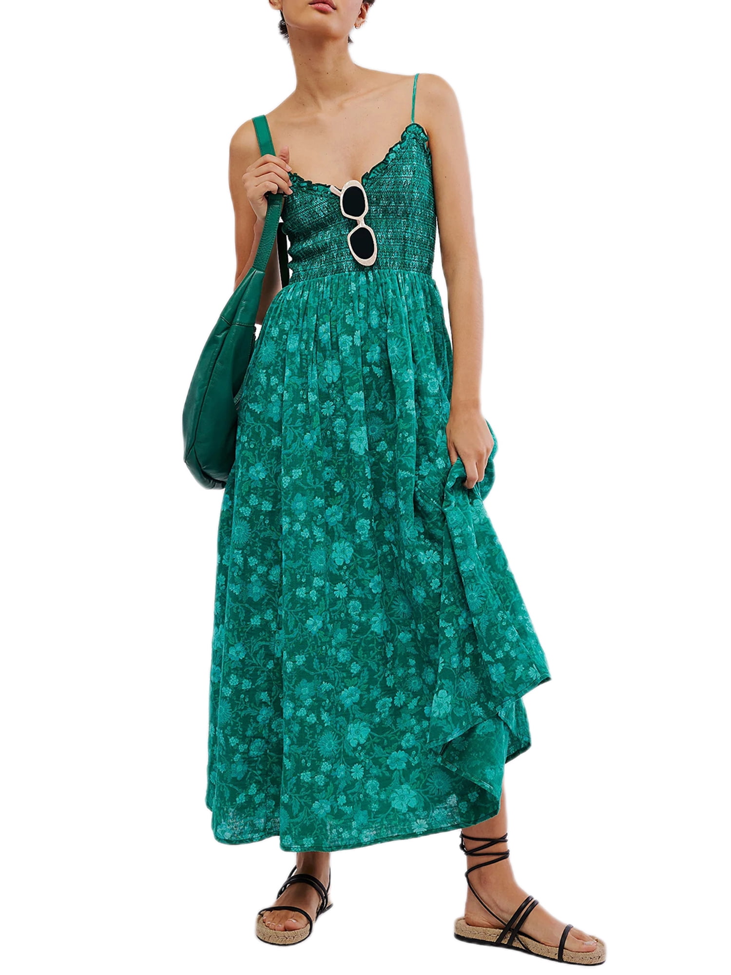 Taoocy Women Summer Flowy Smocked Maxi Dress Sleeveless Tie Shoulder ...