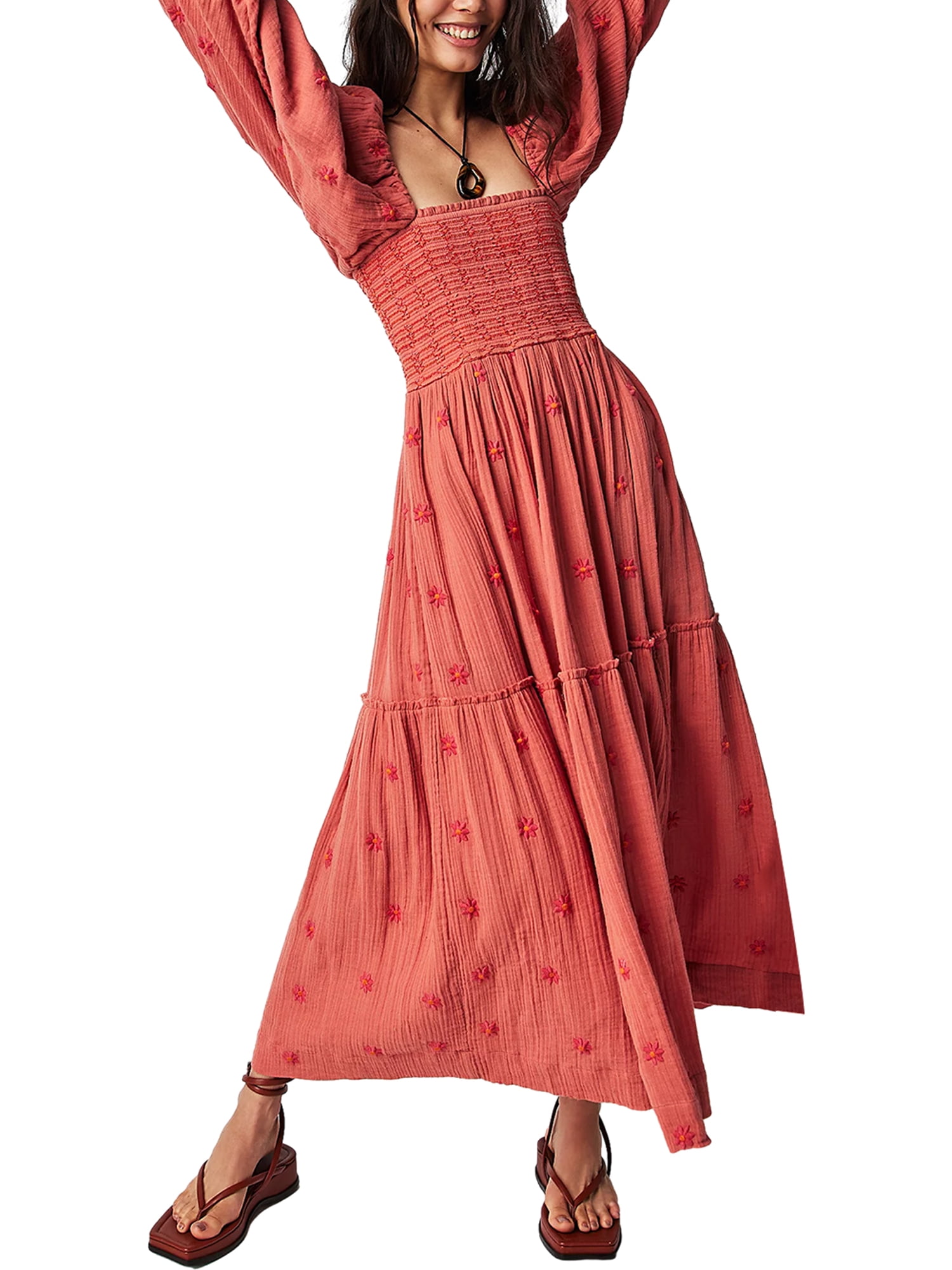 Taoocy Women's Flower Embroidered Maxi Dress Lantern Sleeve Square Neck ...