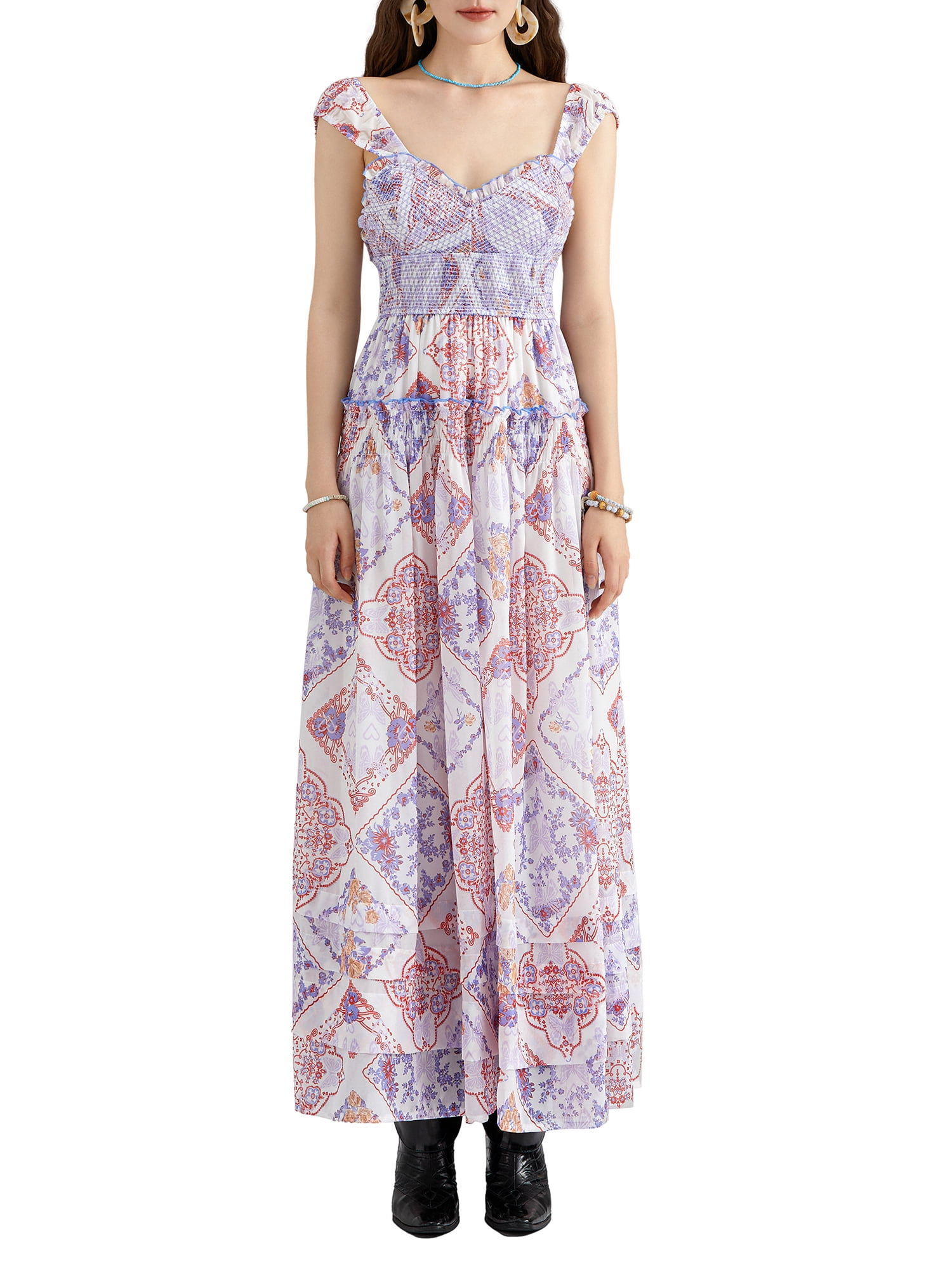 Taoocy Women's Flowy Smocked Maxi Dress Puff Sleeve Sweetheart Floral Boho Beach Sundresses ...