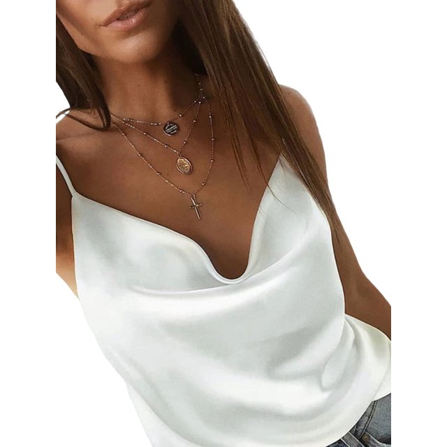 Taoocy Women's Silk Satin Tank Top Camisole V Neck Loose Spaghetti Strap Vest Cami Blouses Tops ...