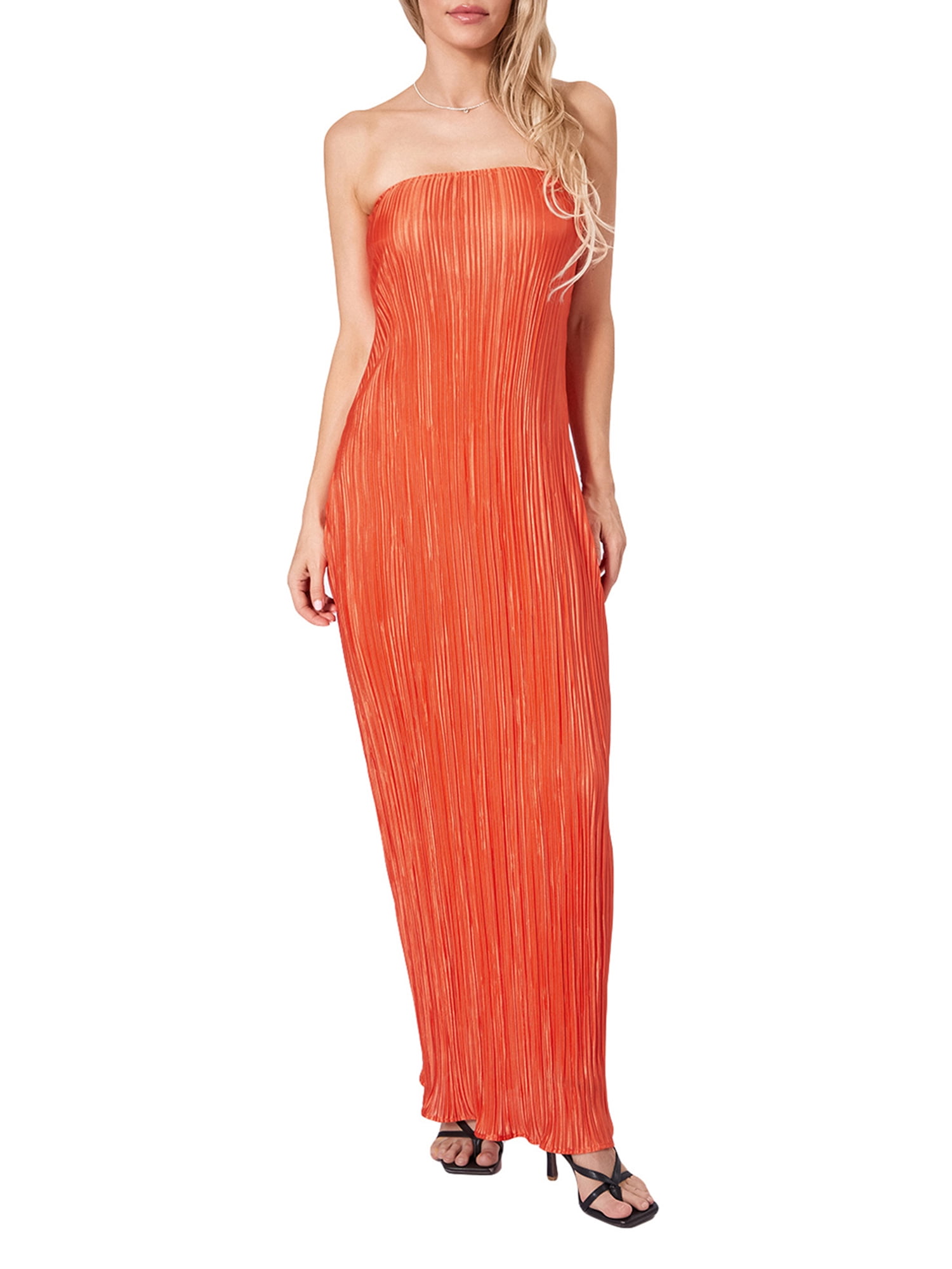 Taoocy Womens Pleated Tube Maxi Dress Sleeveless Off Shoulder Strapless ...