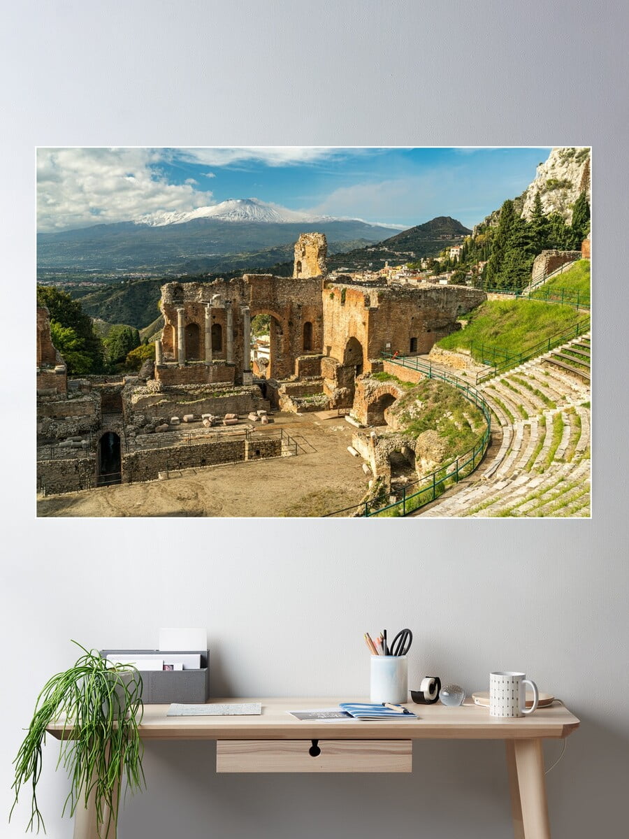 Taormina And Mount Etna, Taormina, Sicily, Poster Wall Art, Modern Wall ...