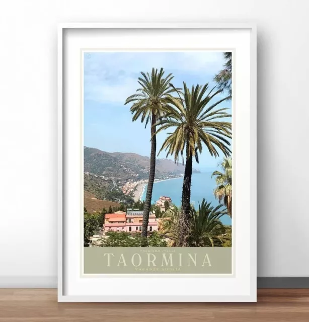 Taormina Travel Poster, Sicily, Italian Retro Print, Vintage Italy ...
